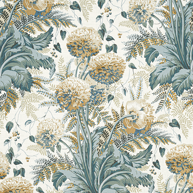 Dahlia - Soft Gold on Cream fabric | Devon Fabrics | Anna French