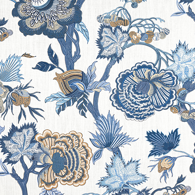 Indienne Jacobean - Blue and White fabric | Indienne Fabrics | Thibaut