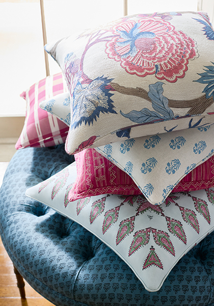 Indienne Jacobean - Raspberry and Blue on Natural fabric | Indienne ...