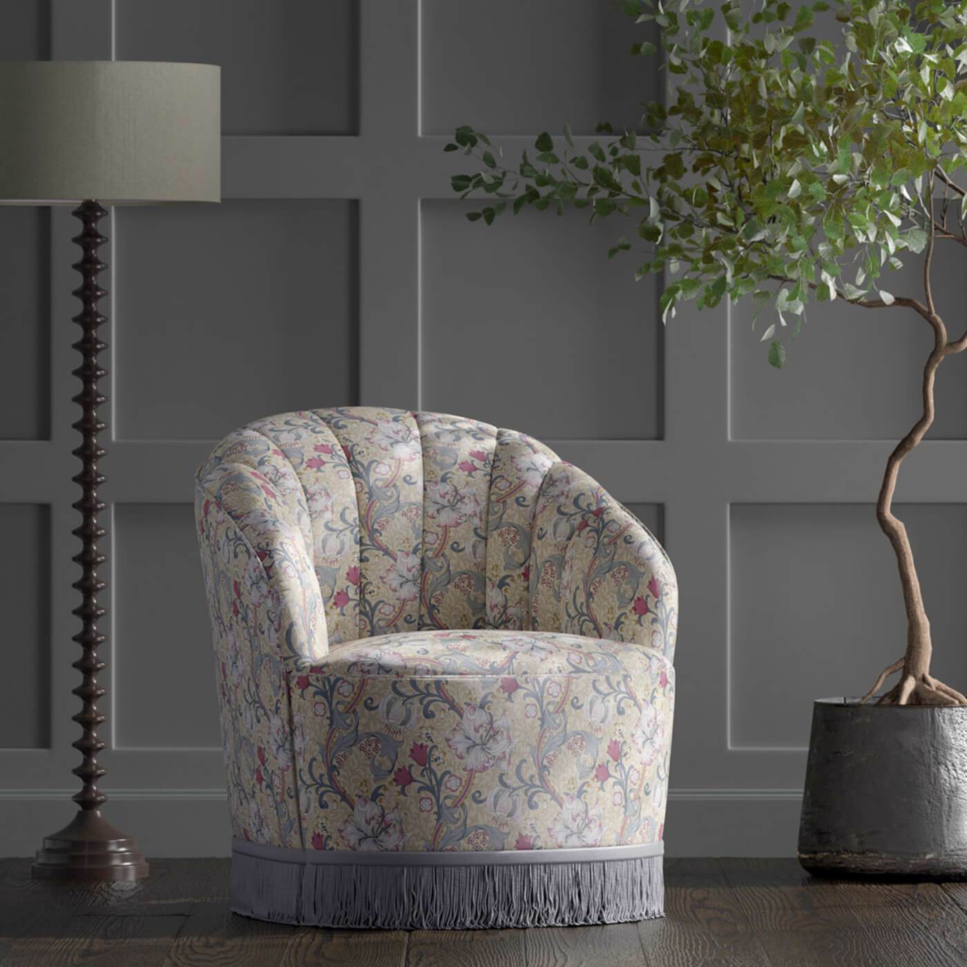 Golden Lily - Dove/Plum fabric | William Morris Designs | Clarke & Clarke