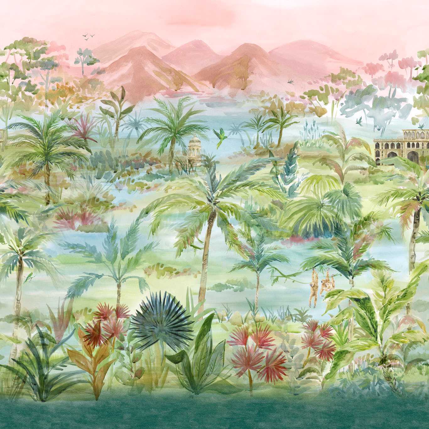 Kerala Mural - Teal wallpaper | Indira Wallcoverings | Clarke & Clarke