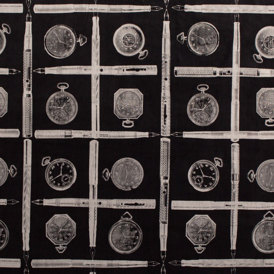 Pens & Watches - Natural on Black fabric | Roman Collection - Fabrics ...