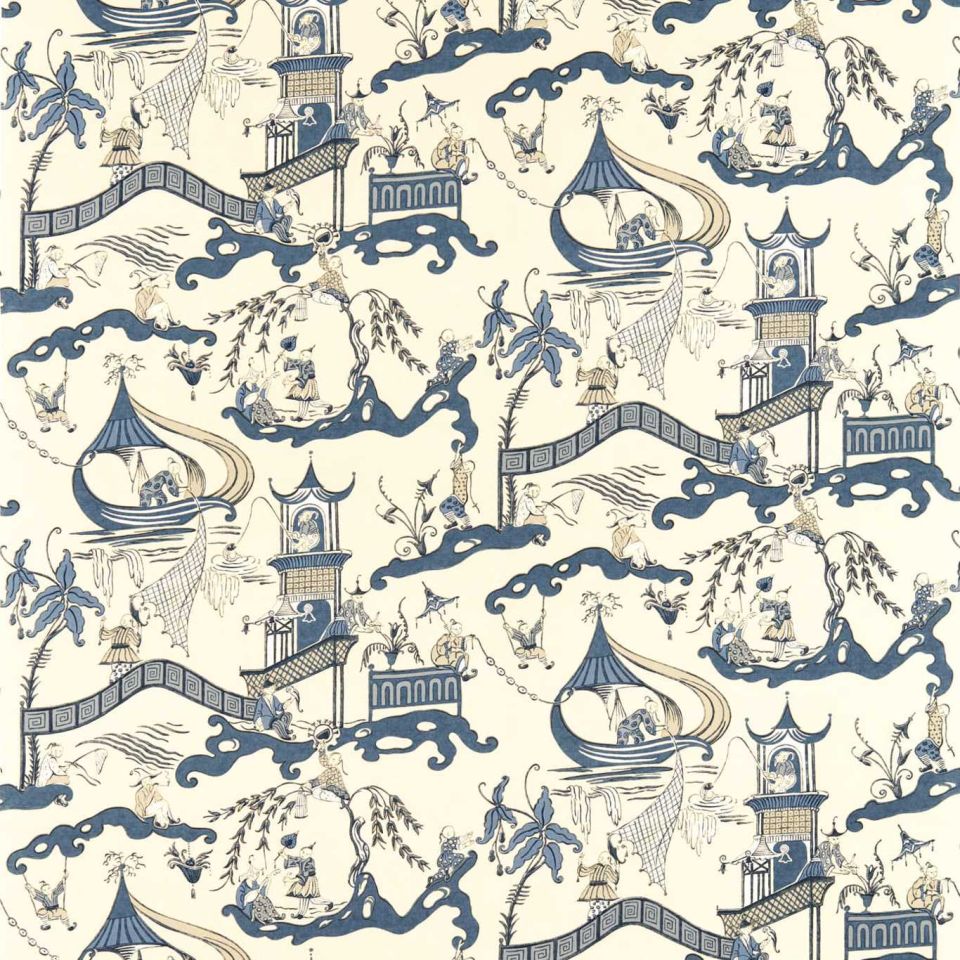 Pagoda River - Indigo/Blue fabric | Water Garden Fabrics | Sanderson