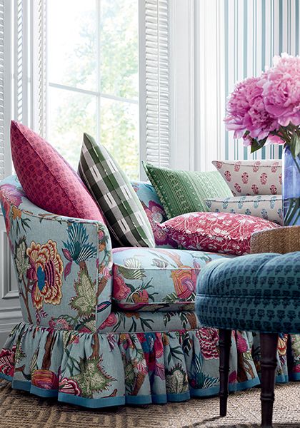 Indienne Jacobean - Raspberry and Teal fabric | Indienne Fabrics | Thibaut