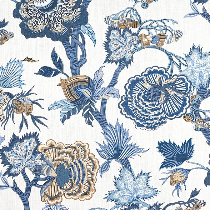 Indienne Jacobean - Blue and White fabric | Indienne Fabrics | Thibaut