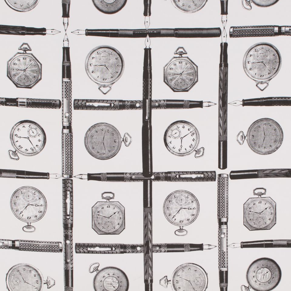 Pens & Watches - Black on White fabric | Roman Collection - Fabrics ...