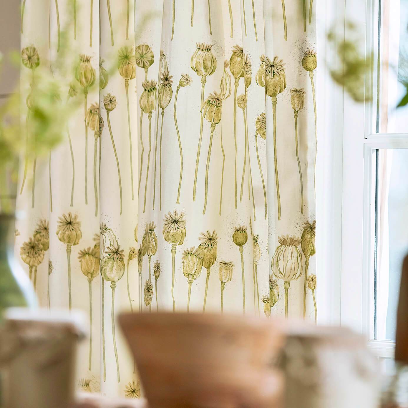 Poppy Pods - Olive/Almond fabric | Embleton Bay Fabrics | Sanderson