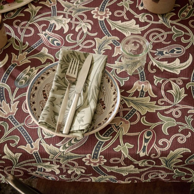 Scrolling Tulip - Plum fabric | The Unfinished Works Fabrics | Morris & Co